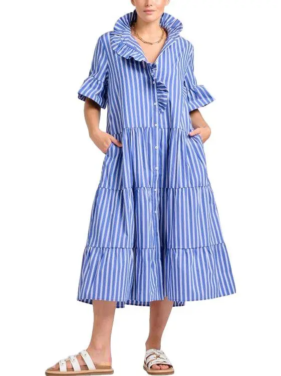 SHIRTY Stripe Ruffle Midi Shirtdress - Azure W/whiite Ticking