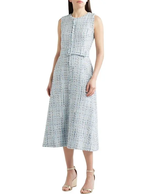 Anne Klein Center Seam Tweed Midi Dress - Surf Blue Multi