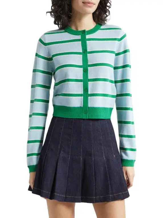 Alice + Olivia Dollie Stripe Crop Cashmere Blend Cardigan - Glamour Stripe Carolina Blue