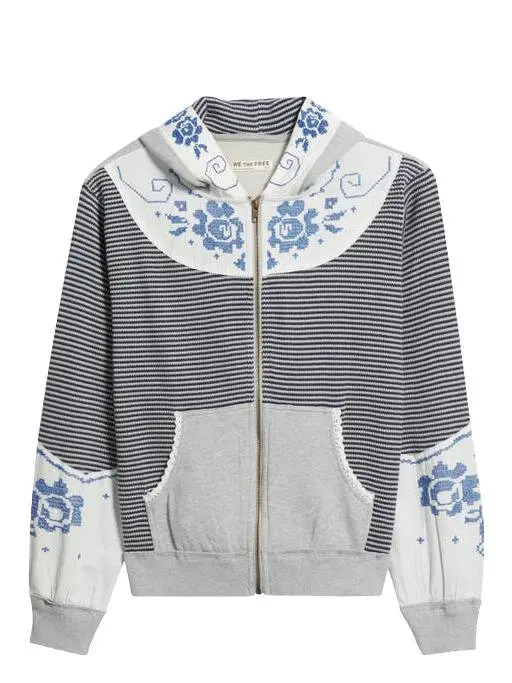 Free People Lydia Mixed Media Zip-up Hooded Sweater - Grey Combo