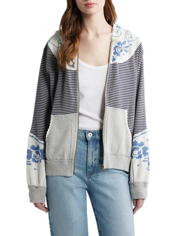 Free People Lydia Mixed Media Zip-up Hooded Sweater - Grey Combo