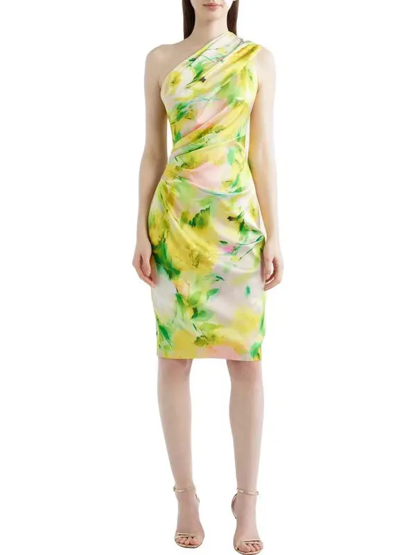 Eliza J Abstract Floral One-shoulder Satin Sheath Dress - Yellow