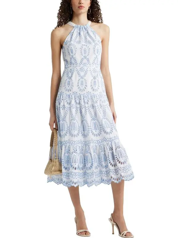 Chelsea28 Cotton Eyelet Tiered Dress - White- Blue Eyelet