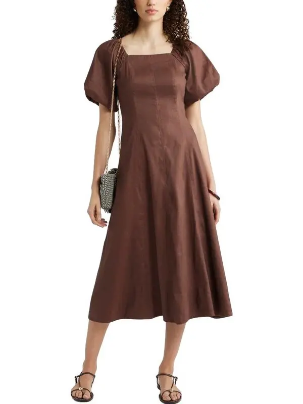 Nordstrom Seam Detail Linen Blend Midi Dress - Brown Roast
