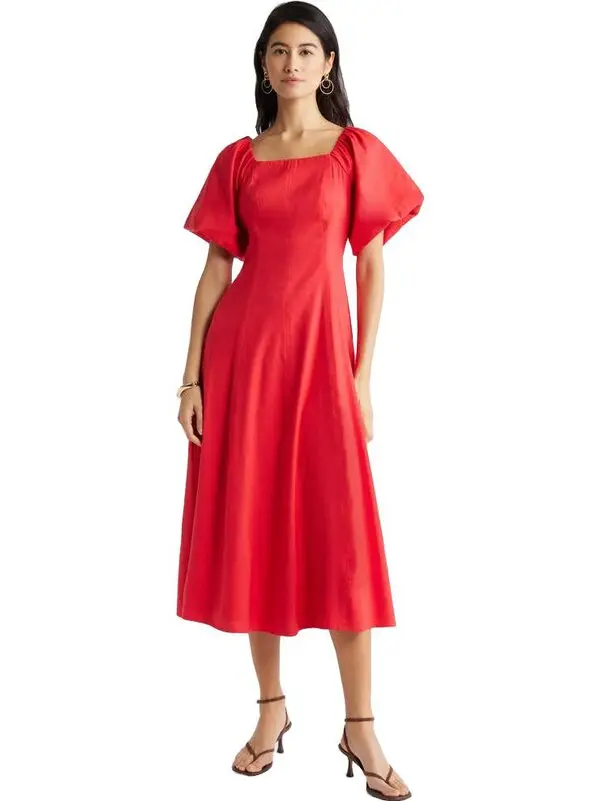 Nordstrom Seam Detail Linen Blend Midi Dress - Red Saucy