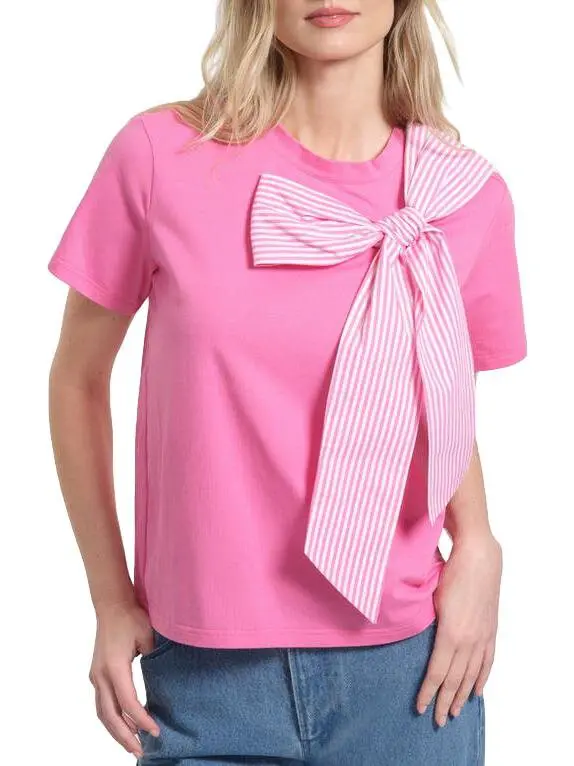 ISAAC MIZRAHI NEW YORK Striped Bow Stretch Cotton T-shirt - Light Pink