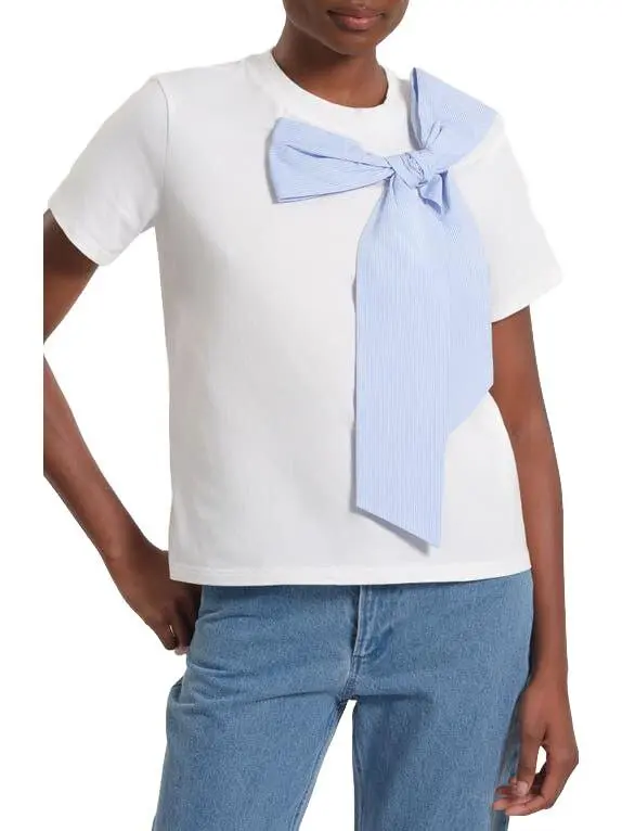 ISAAC MIZRAHI NEW YORK Striped Bow Stretch Cotton T-shirt - White Blue