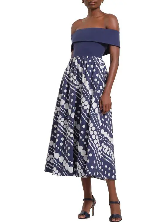 ISAAC MIZRAHI NEW YORK Off-the-shoulder Midi Dress - Dot Navy