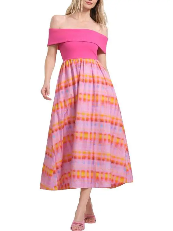 ISAAC MIZRAHI NEW YORK Off-the-shoulder Midi Dress - Pink Multi