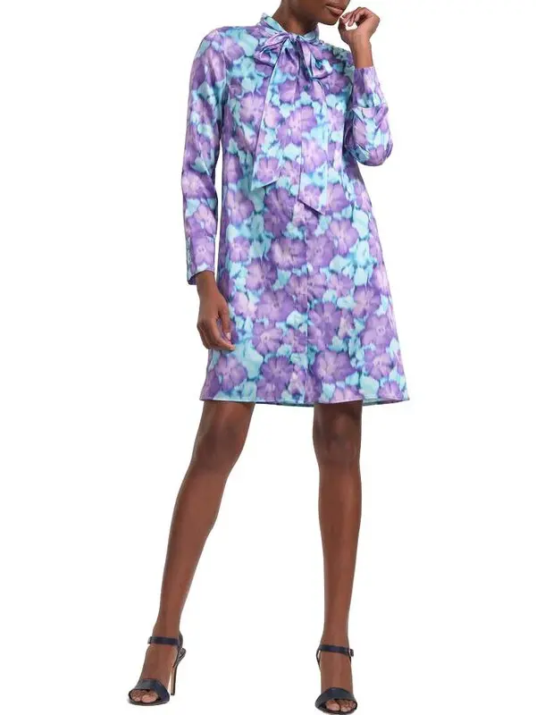 ISAAC MIZRAHI NEW YORK Tie Neck Floral Minidress - Blue/lilac
