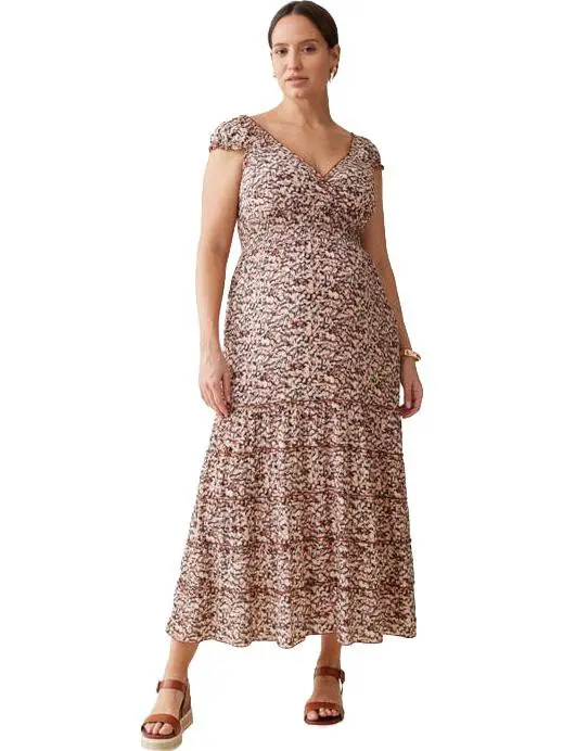 INGRID & ISABEL Cap Sleeve Tiered Maxi Dress - Brown/navy Abstract Ikat
