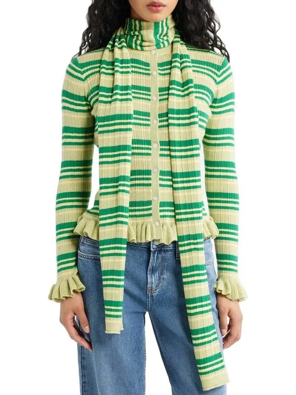 DAMSON MADDER Anelis Organic Cotton & Merino Wool Blend Cardigan - Green Multi