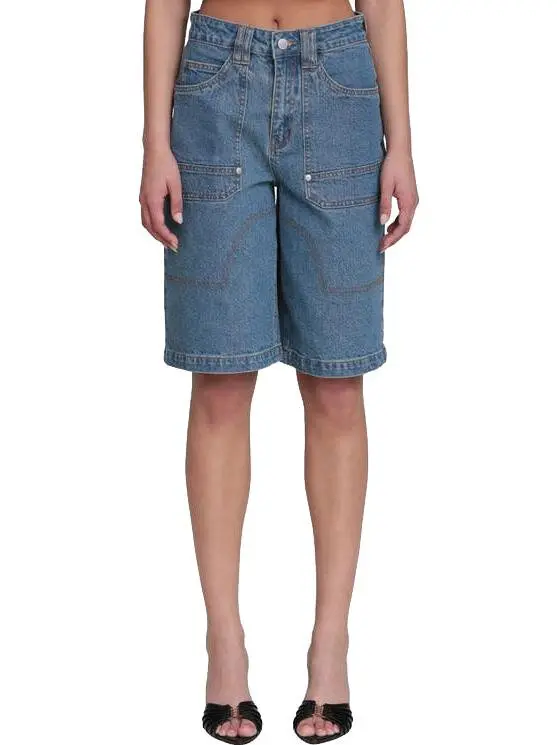 Avec Les Filles Stretch Denim Wide Leg Bermuda Shorts - Basilica Wash