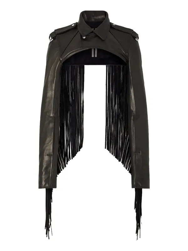 Rick Owens Microbiker Cropped Fringed Leather Jacket - Black
