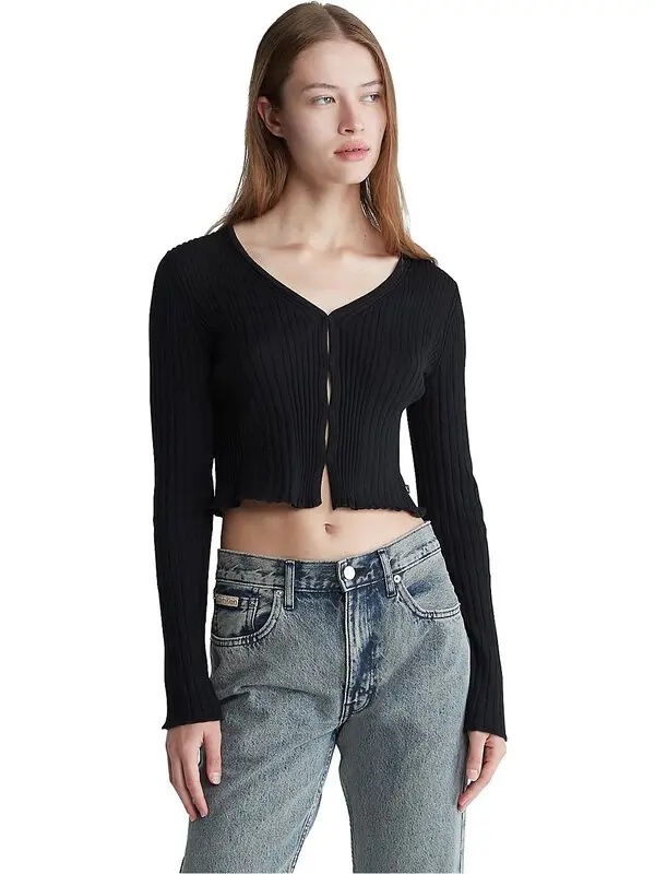 Calvin Klein Smooth Cotton Ribbed Cropped Cardigan - Black