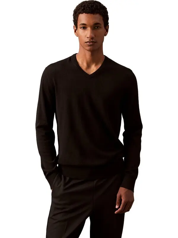 Calvin Klein Extra Fine Merino Blend V-neck Sweater - Black Beauty