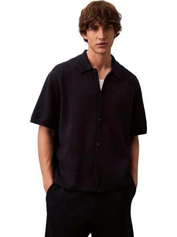 Calvin Klein Jacquard Mesh Sweater Polo Shirt - Dark Sapphire