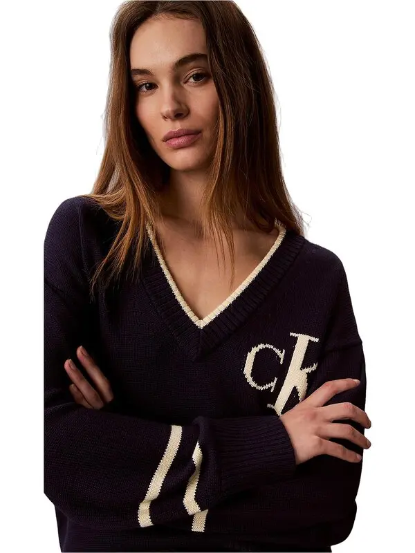 Calvin Klein Monogram Graphic Relaxed V-neck Sweater - Evening Blue