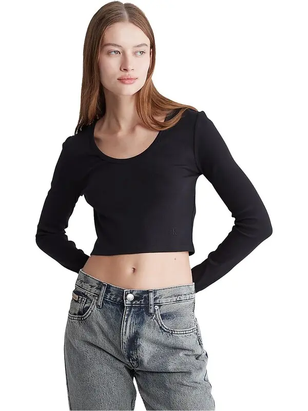 Calvin Klein Cotton Contour Rib Cropped Long Sleeve T-shirt - Black Beauty
