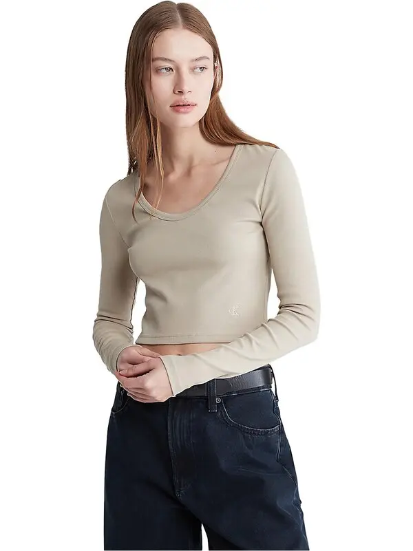 Calvin Klein Cotton Contour Rib Cropped Long Sleeve T-shirt - Plaza Taupe
