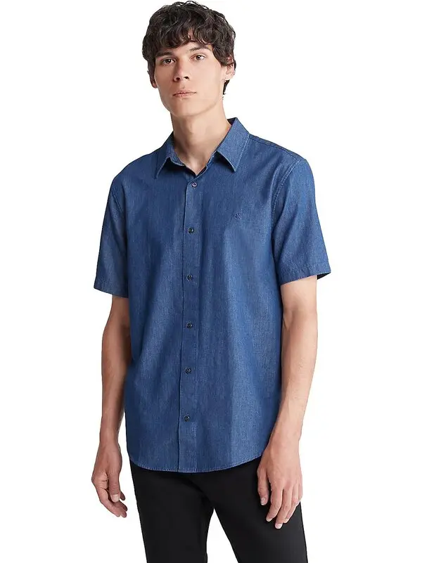 Calvin Klein Chambray Button Down Short Sleeve Shirt - Dark Sapphire