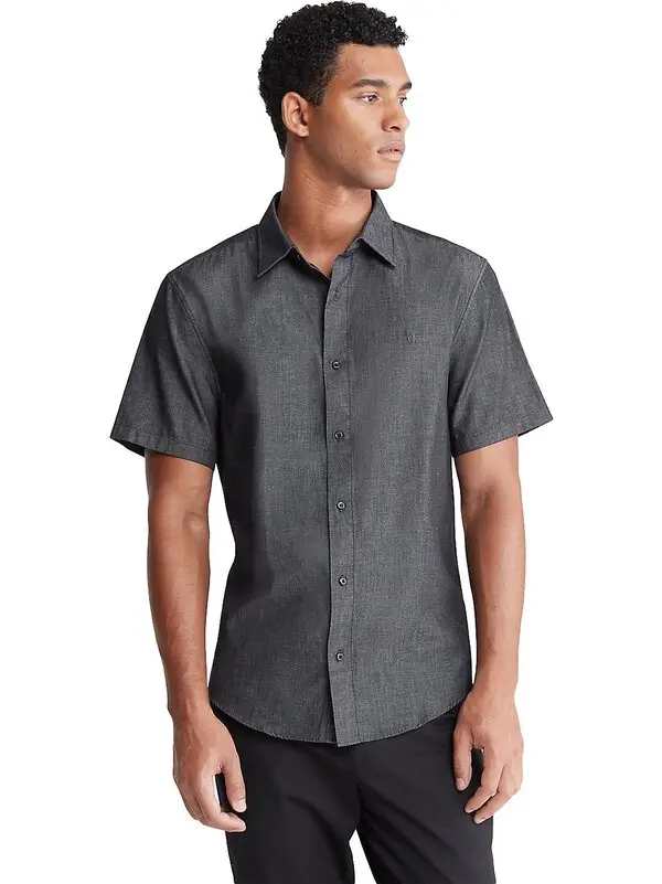 Calvin Klein Chambray Classic Short Sleeve Button-down Shirt - Black Beauty