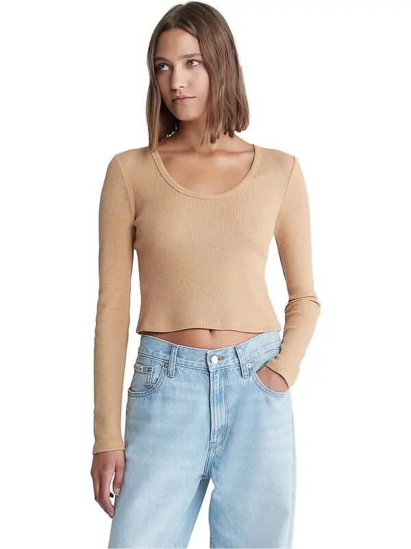 Calvin Klein Waffle Cropped Scoopneck T-shirt - Iced Coffee