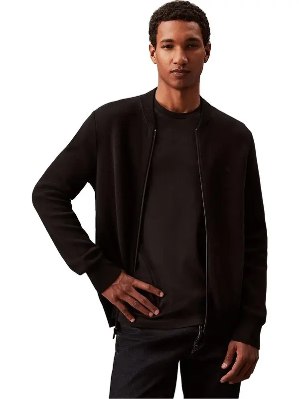 Calvin Klein Smooth Cotton Sweater Bomber Jacket - Black