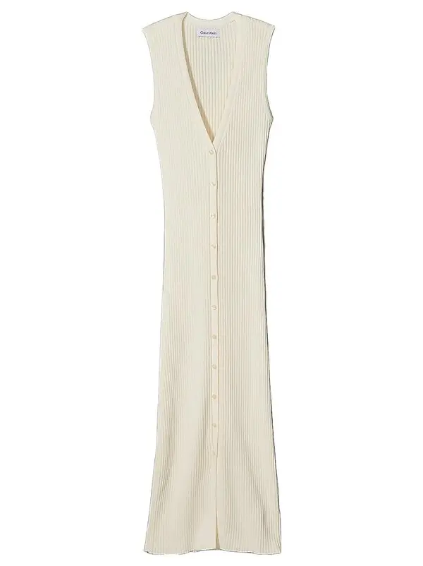 Calvin Klein Smooth Cotton Ribbed V-neck Midi Dress - Antique White