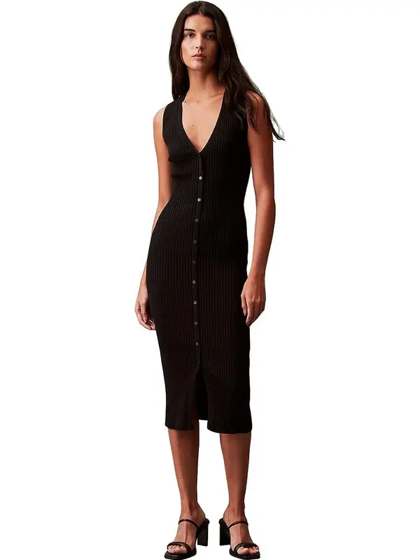 Calvin Klein Smooth Cotton Ribbed V-neck Midi Dress - Black