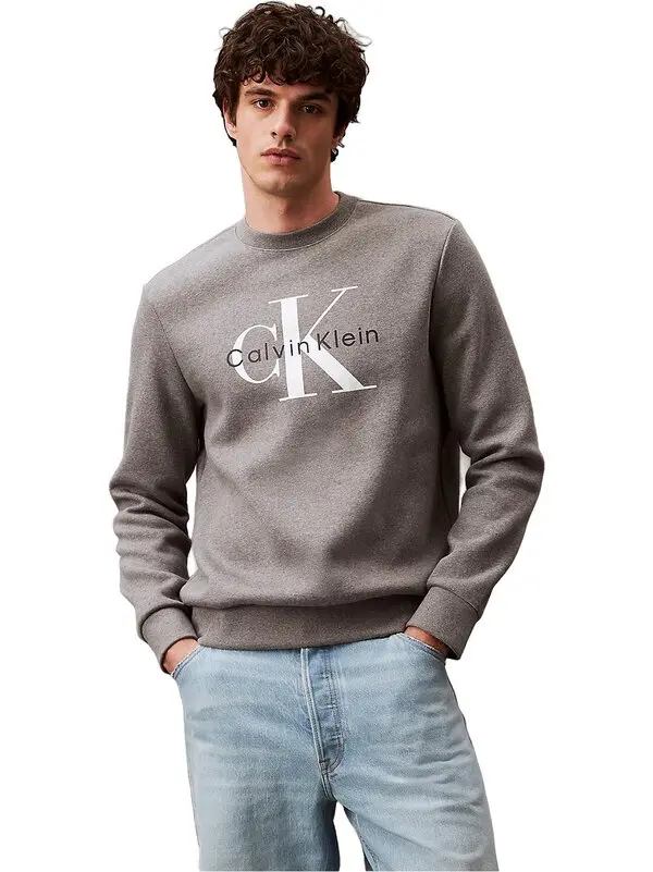 Calvin Klein Monogram Logo Relaxed Fleece Crewneck Sweatshirt - Medium Grey Heather