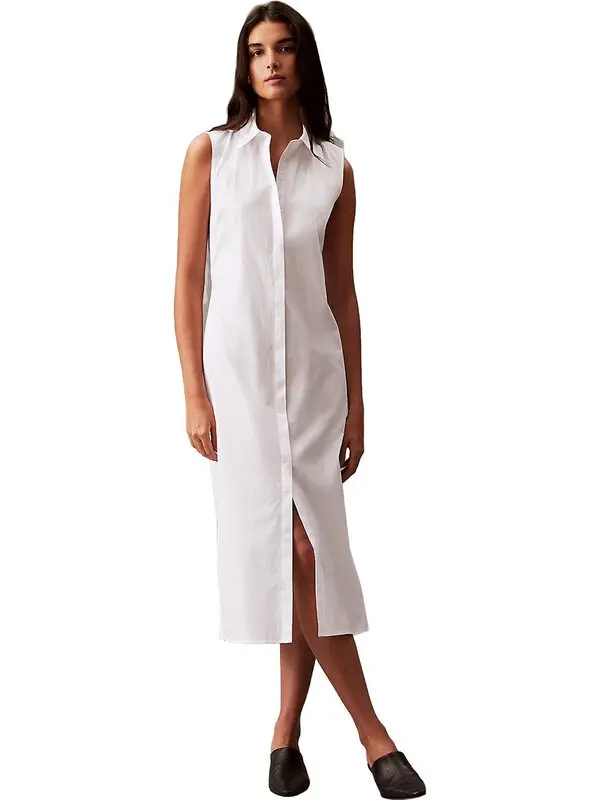 Calvin Klein Stretch Poplin Cutout Shirt Dress - Brilliant White