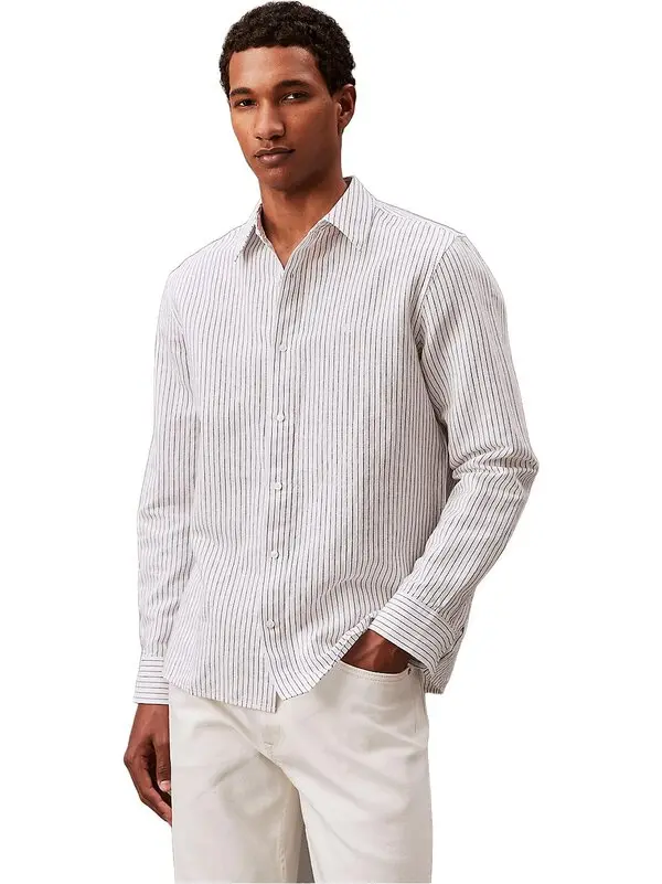 Calvin Klein Striped Linen Blend Classic Button-down Shirt - Brilliant White