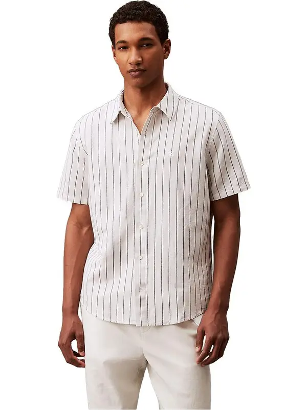 Calvin Klein Wide Stripe Linen Blend Classic Button-down Shirt - Chalk
