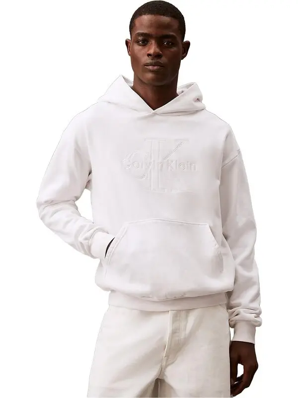 Calvin Klein Tonal Embroidered Logo Fleece Hoodie - Brilliant White