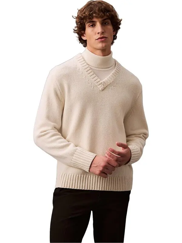 Calvin Klein Wool-blend V-neck Sweater - Antique White