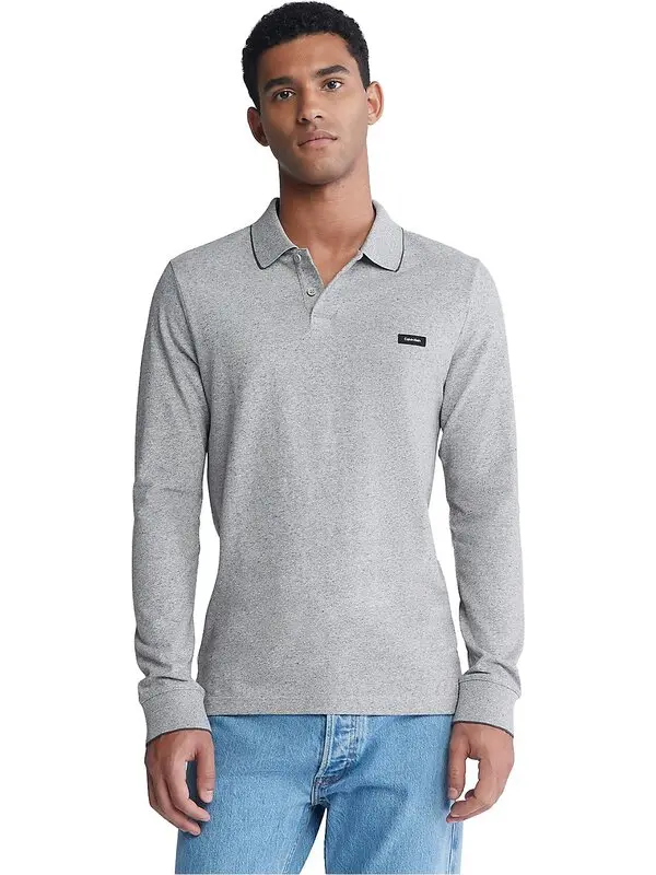 Calvin Klein Stretch Pique Long Sleeve Polo Shirt - Mid Grey Heather