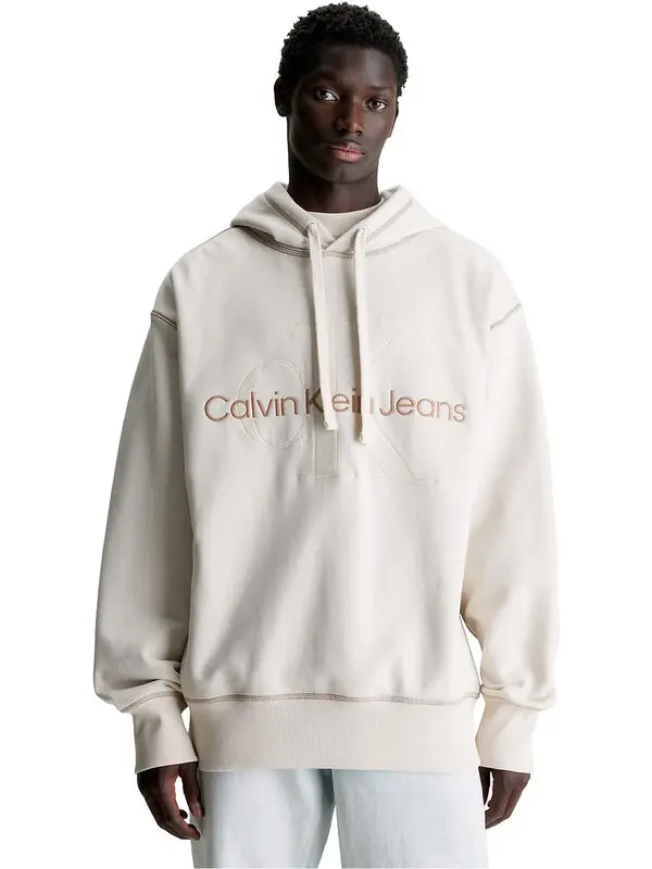 Calvin Klein Embossed Monogram Logo Fleece Hoodie - Ivory