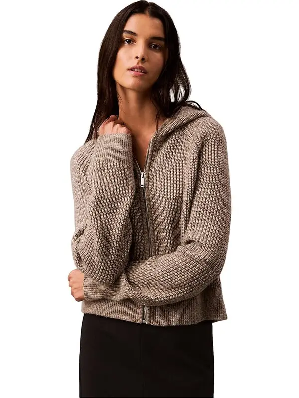 Calvin Klein Ribbed Knit Sweater Hoodie - Driftwood Melange