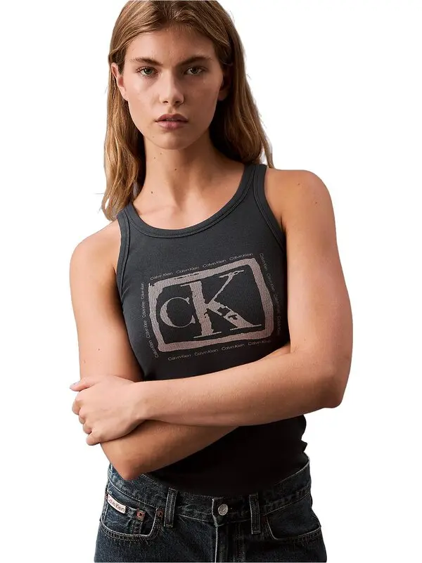Calvin Klein Cotton Contour Rib Logo Graphic Tank - Ink