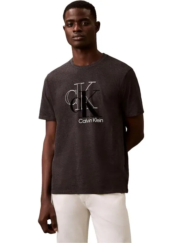Calvin Klein Flocked Layered Monogram Logo Graphic Classic T-shirt - Dark Grey Heather