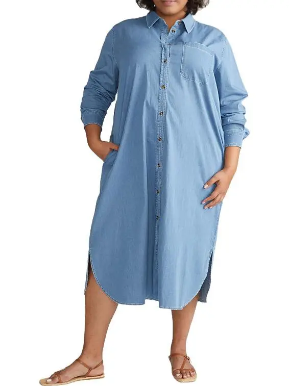 Universal Standard Odeon Stretch Cotton Chambray Shirtdress - Cove Blue