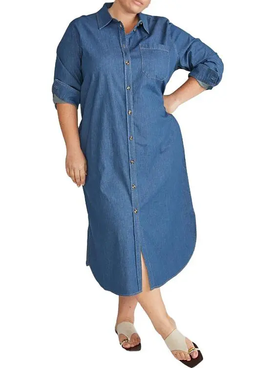 Universal Standard Odeon Stretch Cotton Chambray Shirt Dress - Orion Blue
