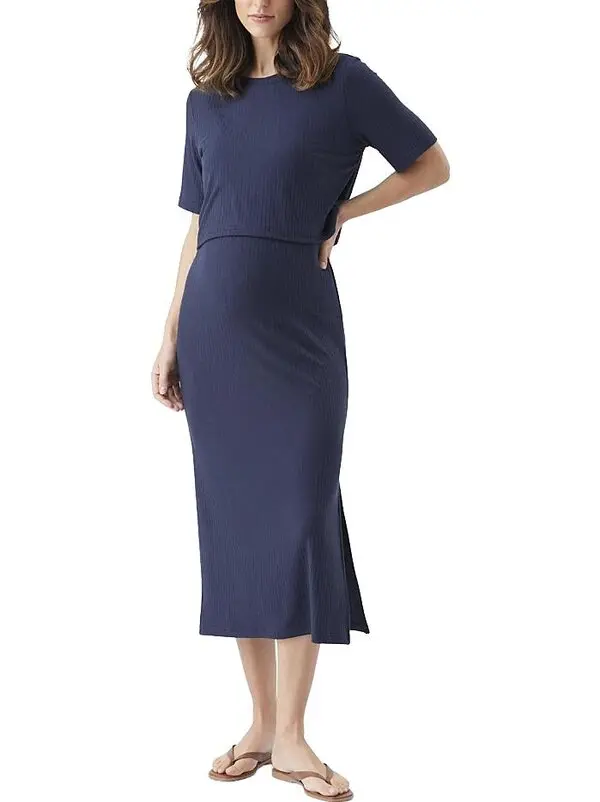 RIPE MATERNITY Ivy Rib Nursing Midi Dress - Navy