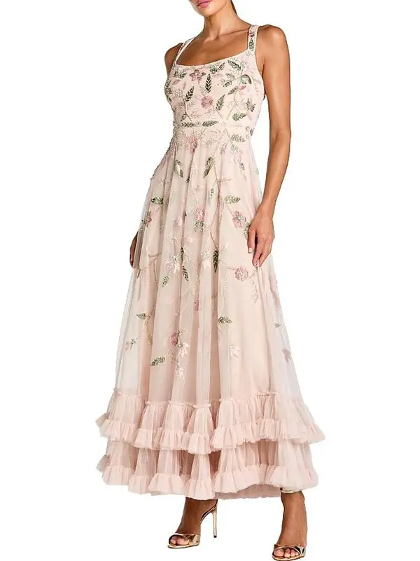 Mac Duggal Floral Embroidered Ruffle Midi Dress - Porcelain
