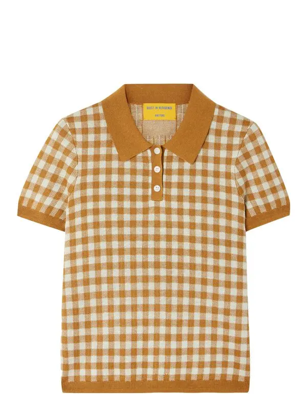 Guest In Residence Cropped Gingham Silk And Linen-blend Jacquard Polo Shirt - Brown