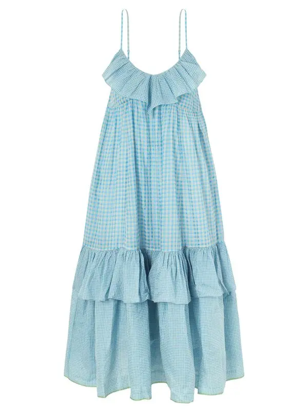 EKA Teek Ruffled Tiered Checkered Cotton Silk Dress - Blue