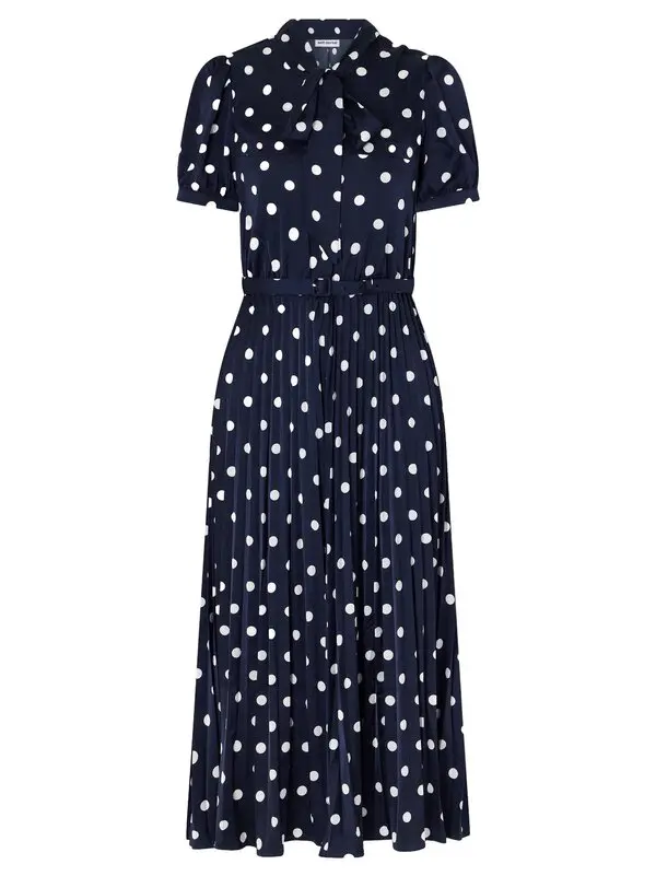 SELF-PORTRAIT Tie-detailed Belted Pleated Polka-dot Satin Midi Dress - Blue