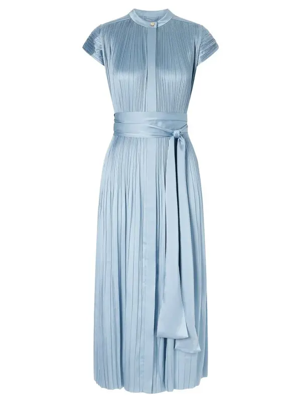 JOSEPH Phare Belted Plissé Satin Midi Dress - Blue