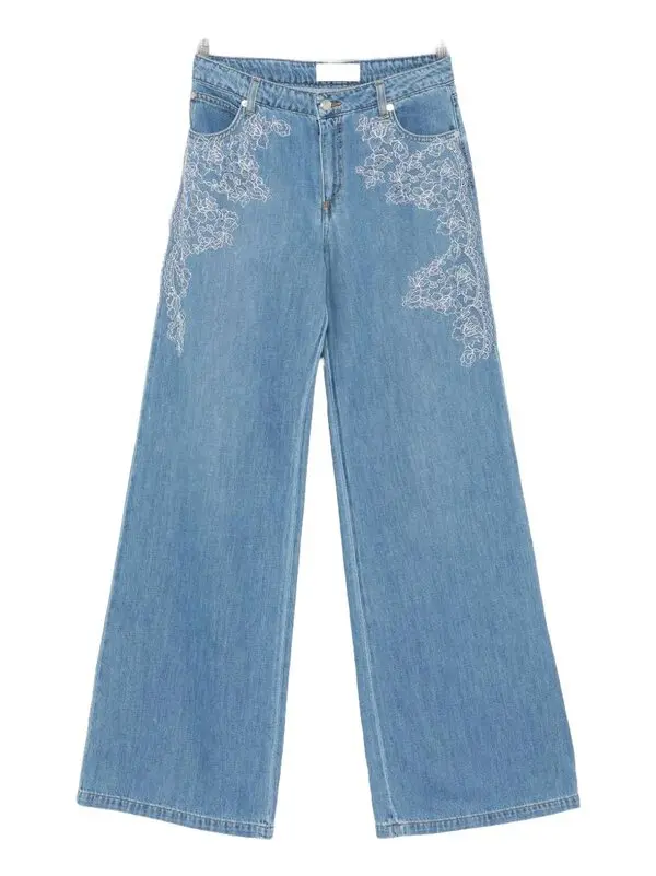 ERMANNO FIRENZE Embroidered Wide Leg Denim Jeans - Clear Blue
